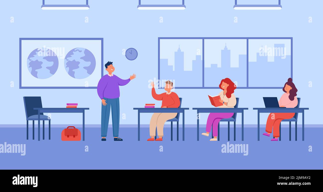 Classroom with happy teacher and school or college students. Young boys ...