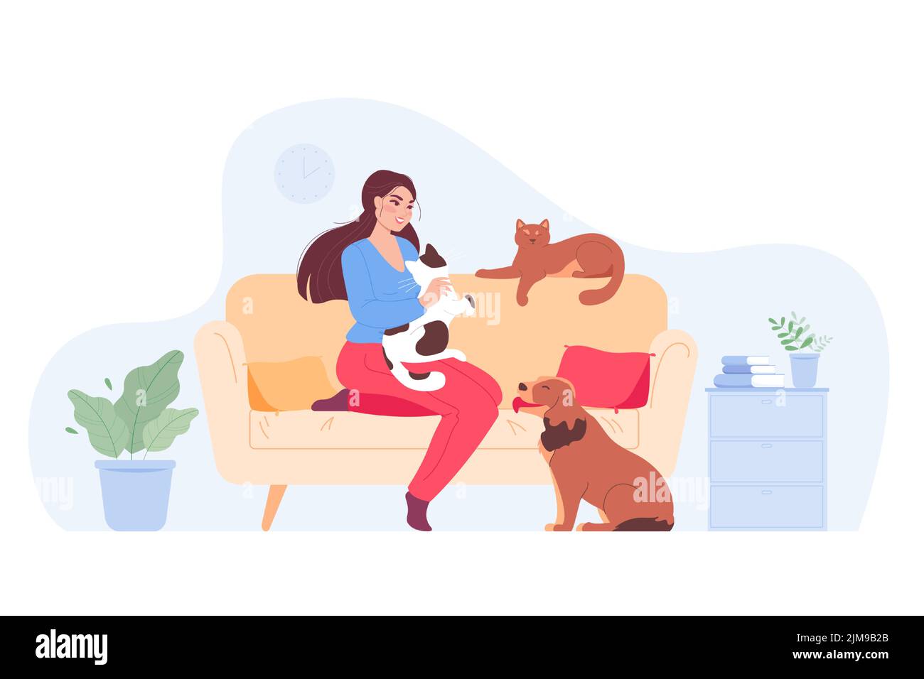 Happy cartoon woman playing with pets on sofa at home. Owner of dogs ...