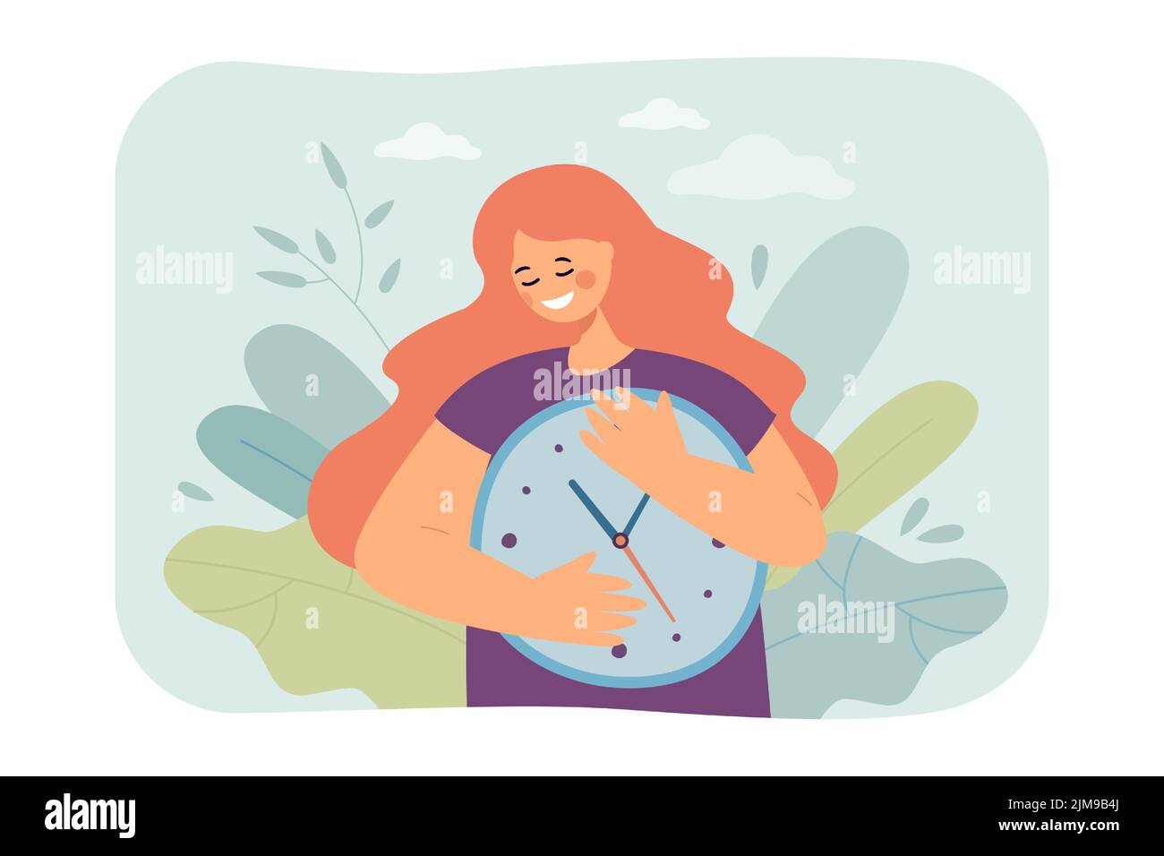 Happy girl hugging clock flat vector illustration. Woman taking care of ...