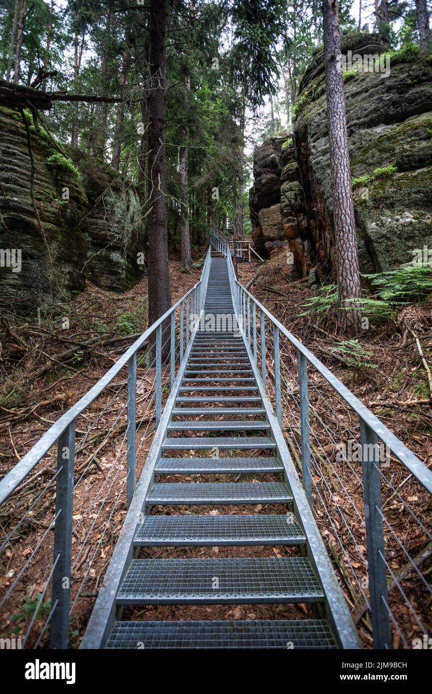 Ladder to climb among sandstone rock formations in Bohemian Switzerland ...