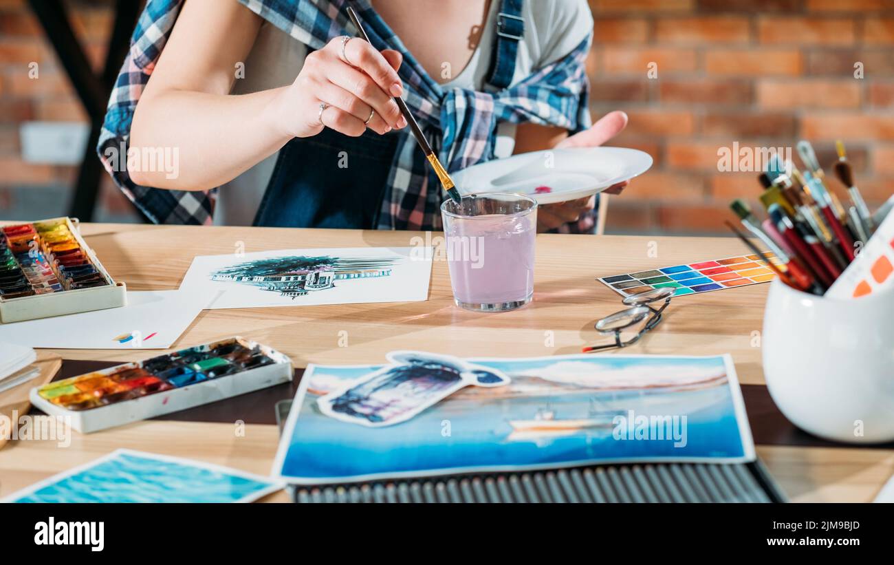 studio workplace artist work watercolor painting Stock Photo - Alamy