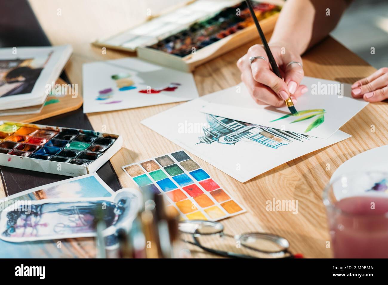artist workplace watercolor painting color palette Stock Photo - Alamy