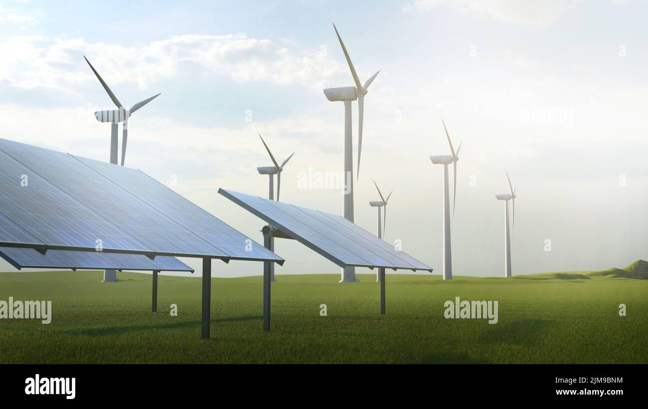 3d Rendering Illustration Of Wind Turbine And Solar Cell Sustainable ...