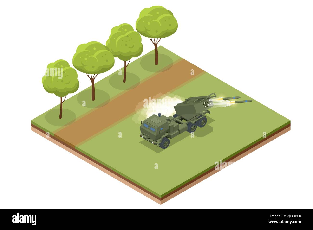 Isometric rocket salvo fire system on a wheeled landing gear. Rocket ...