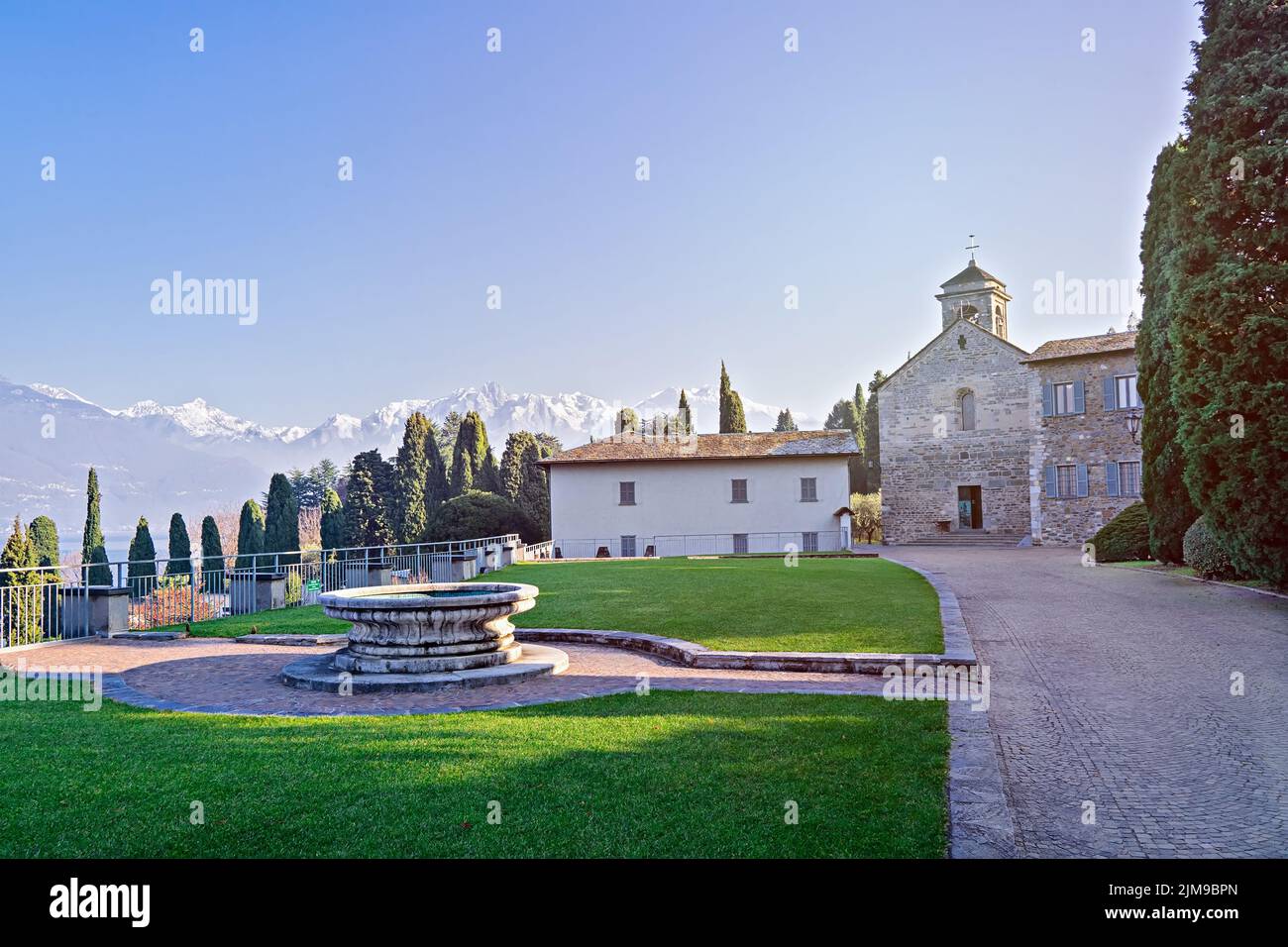 Panoramic view of ancient buildings in Abbey of Piona with beautiful ...