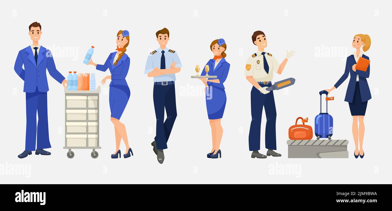 Airplane or airline staff cartoon illustration set. Stewardess, steward ...