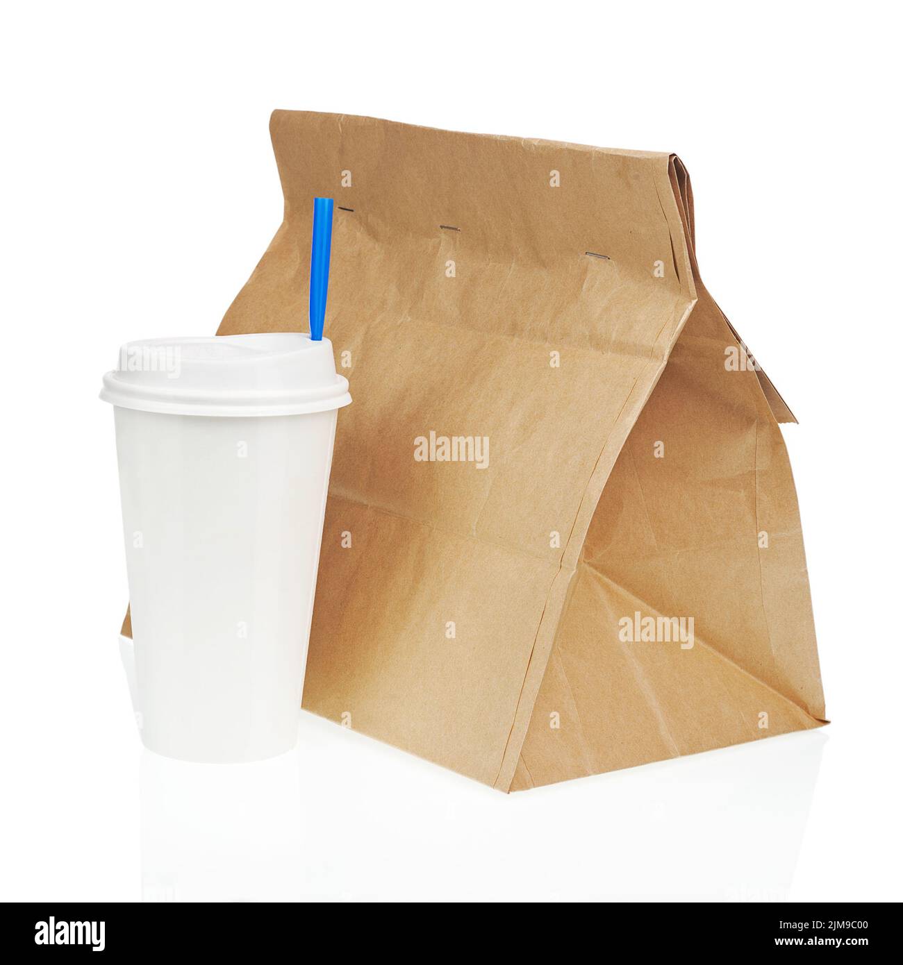 Recycle paper bag and cup of coffee or tea isolated on white background ...