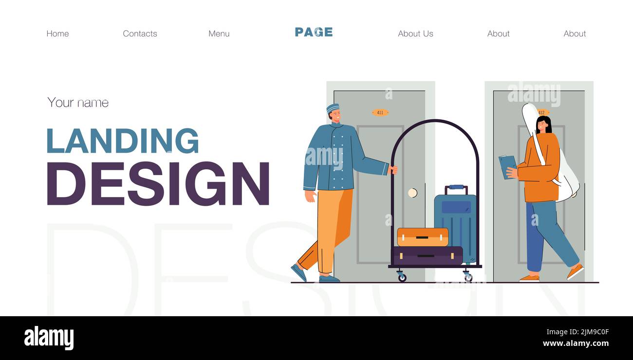 Bellboy in retro hotel uniform carrying guest baggage on cart. Bellman ...