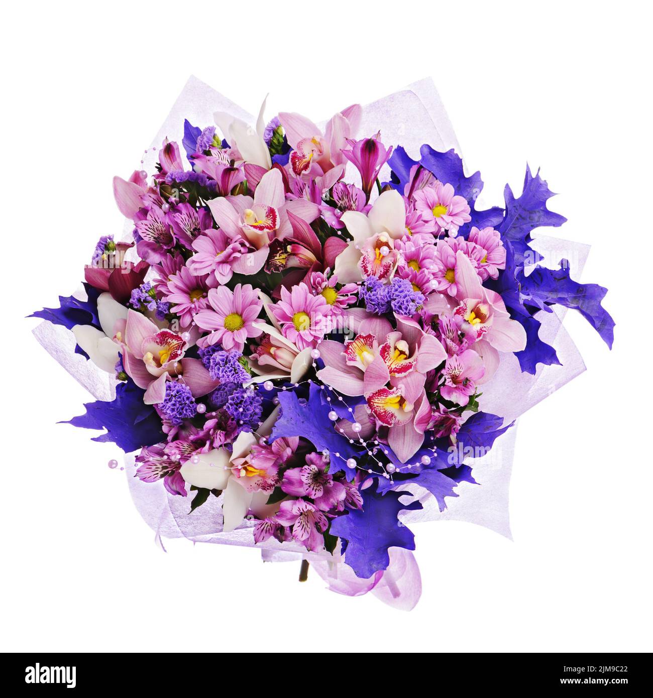 Bouquet of gerbera, carnations and other flowers in blue package Stock ...