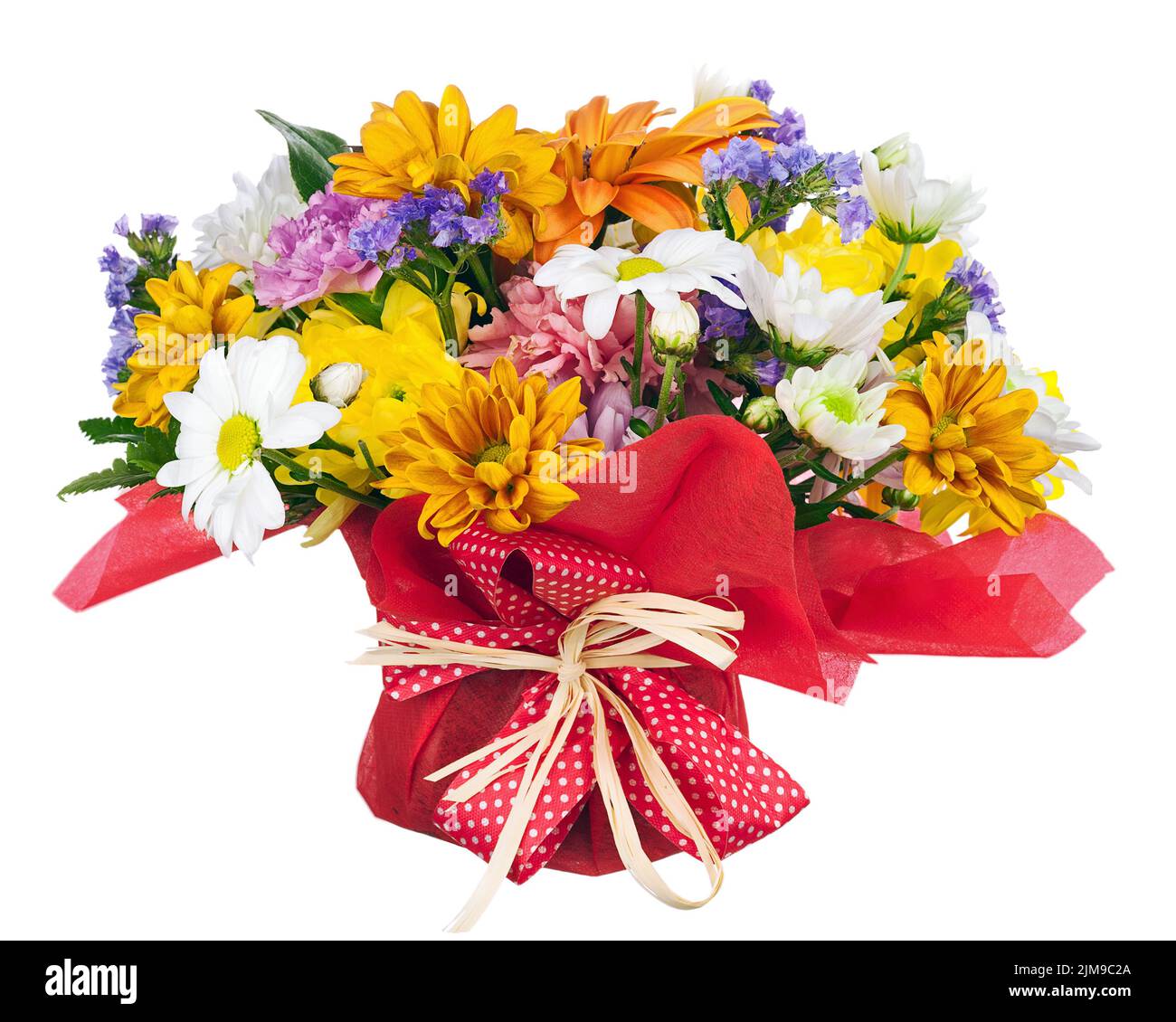 Bouquet of gerbera, carnations and other flowers isolated on white ...