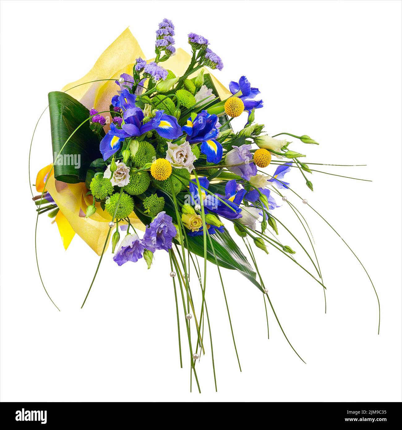 Flower bouquet from roses, green carnation, iris and statice flowers ...