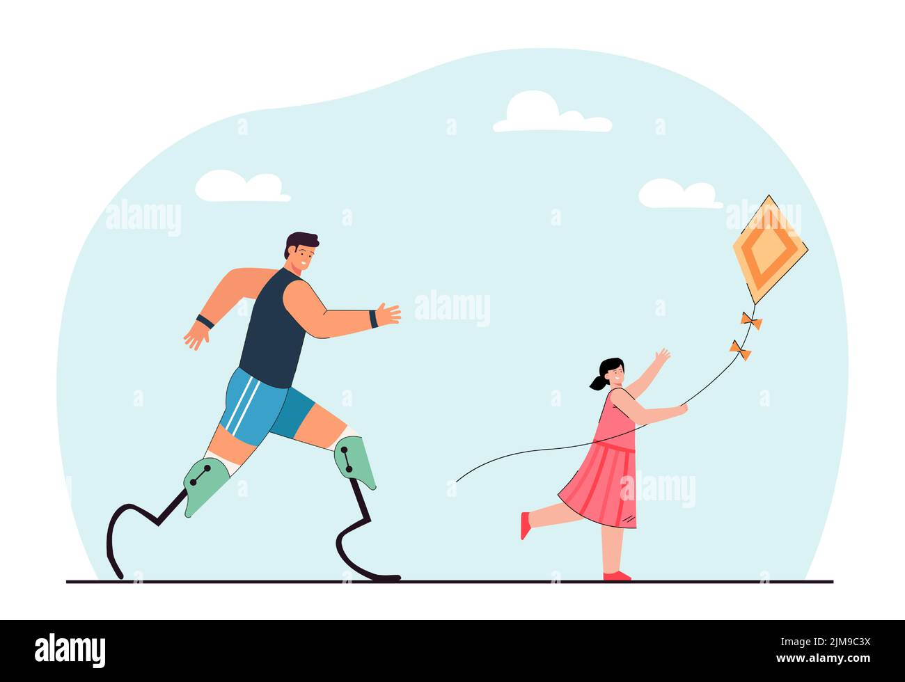 Man with prosthetic legs running after girl with flying kite. Healthy ...