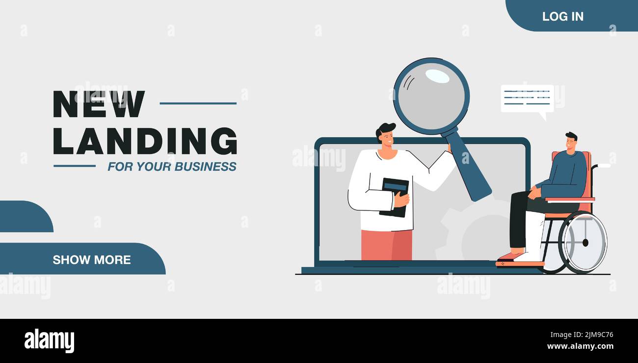 Disabled man next to huge laptop with professor on screen. Invalid on ...