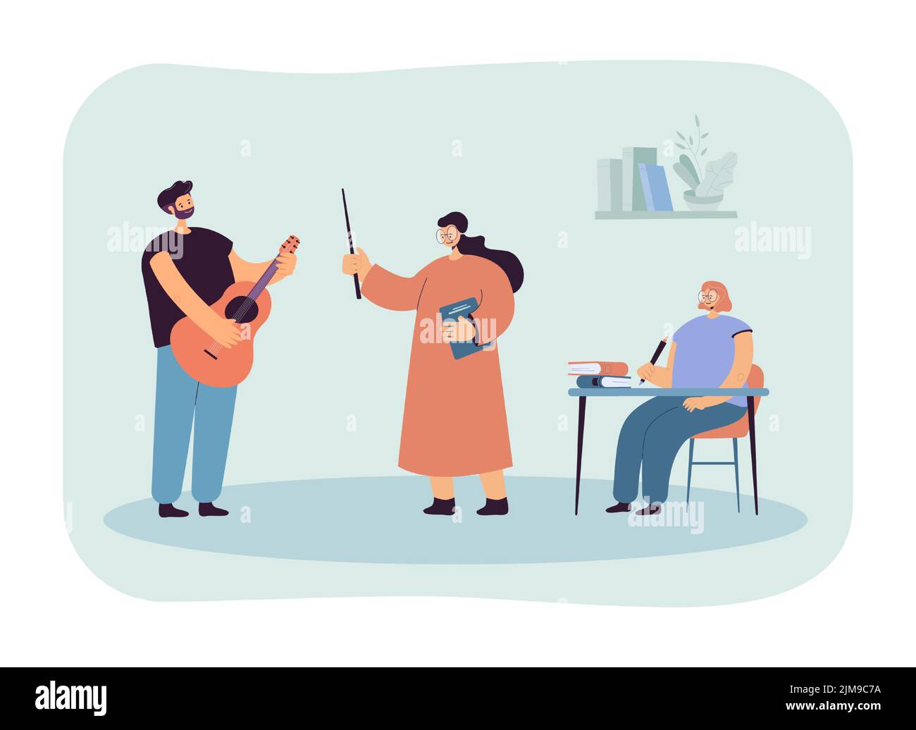 Music lesson in school flat vector illustration. Boy playing guitar ...