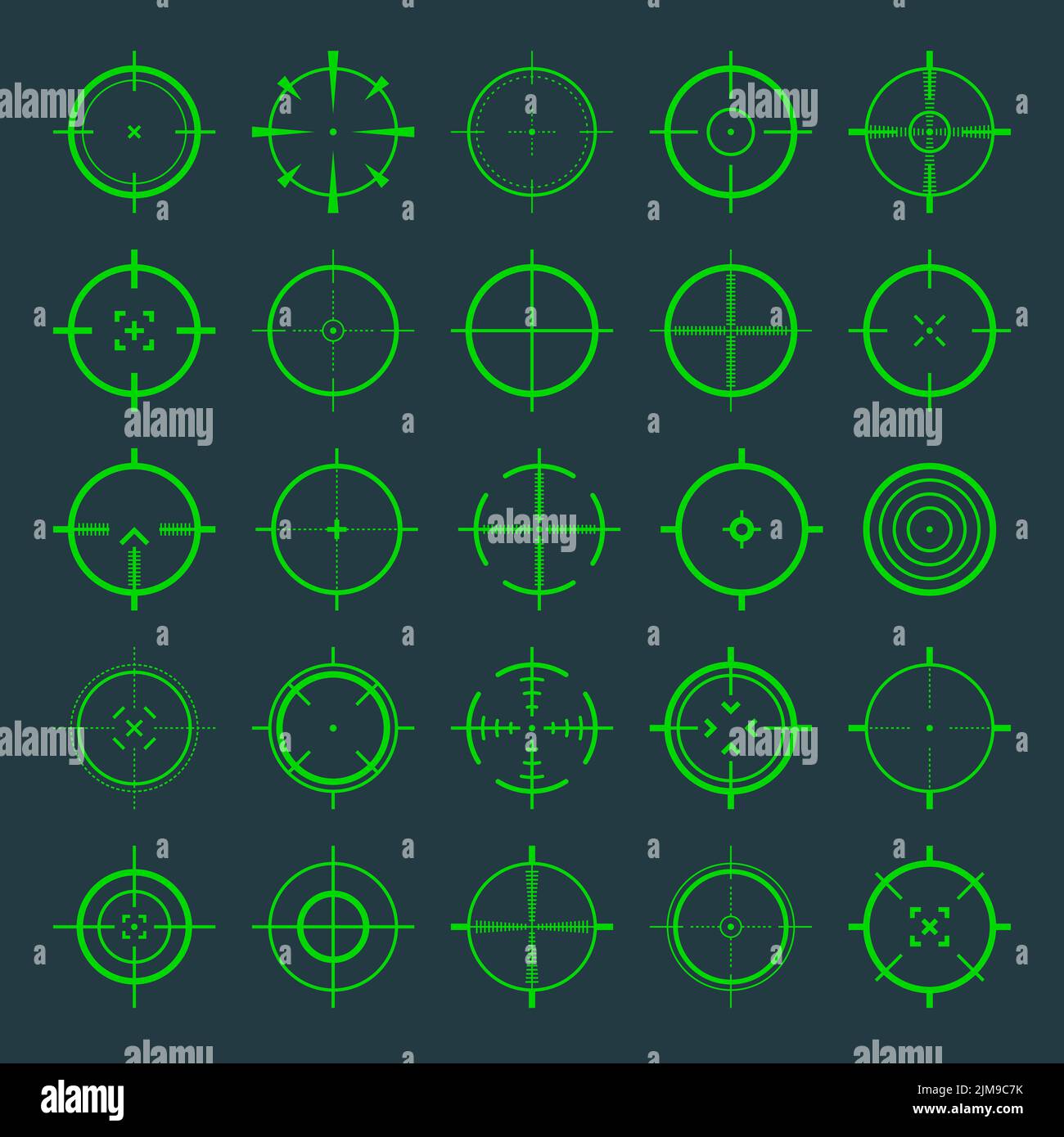 Crosshair, gun sight vector icons. Bullseye, green target or aim symbol ...