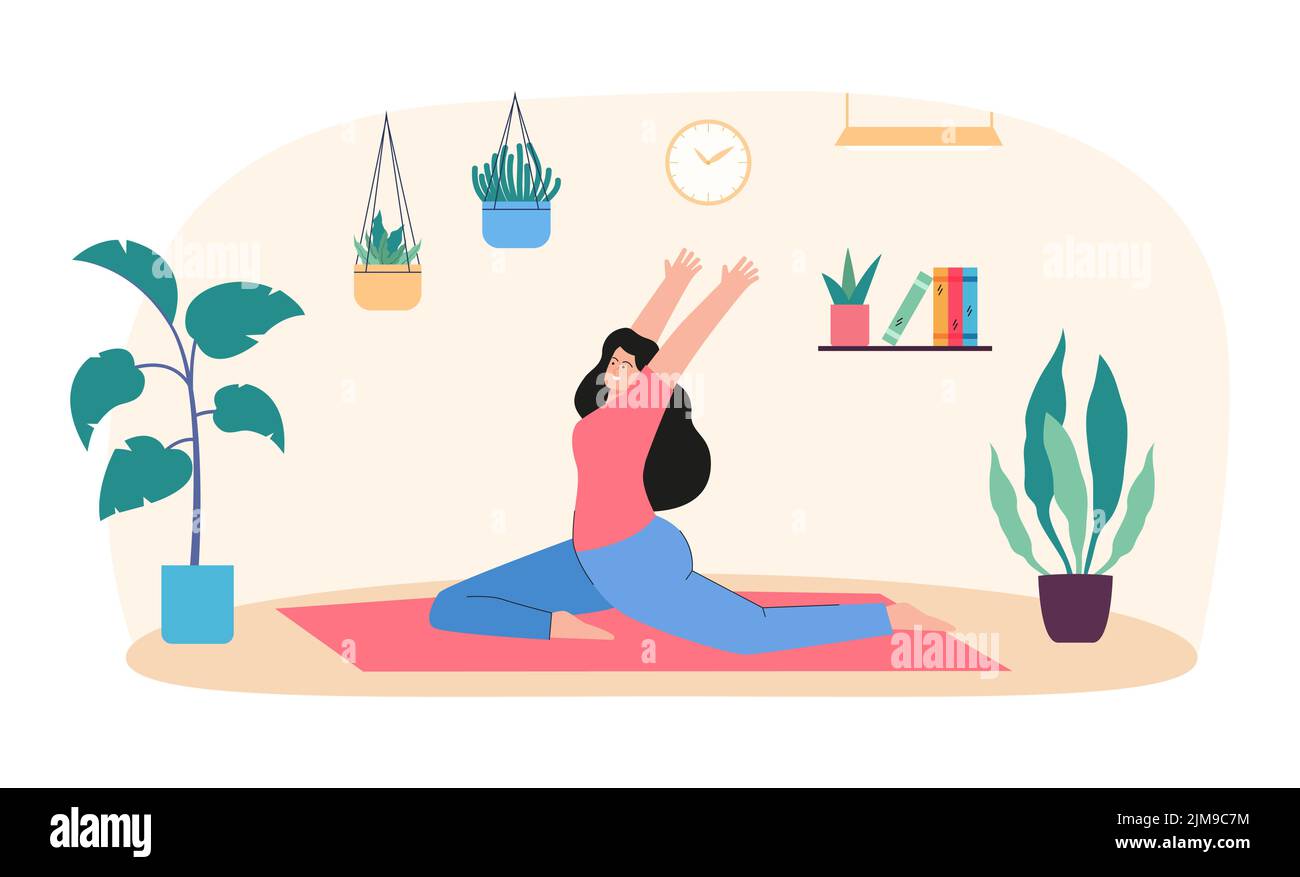 Morning hatha yoga of woman sitting on mat at home. Female character ...