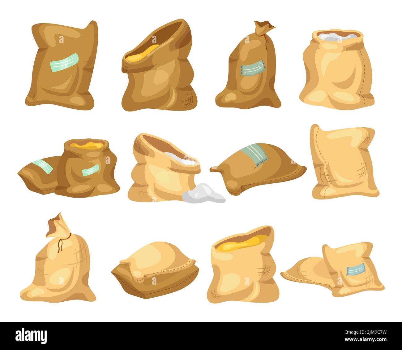 Burlap bags of cereal grains cartoon illustration set. Tied and untied ...
