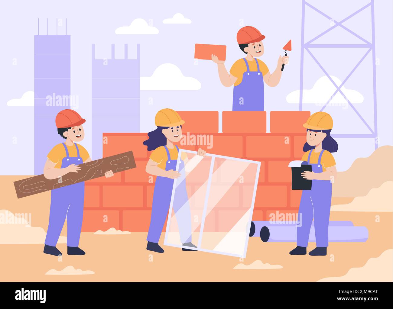 Children as construction workers building wall of bricks. Kids in ...