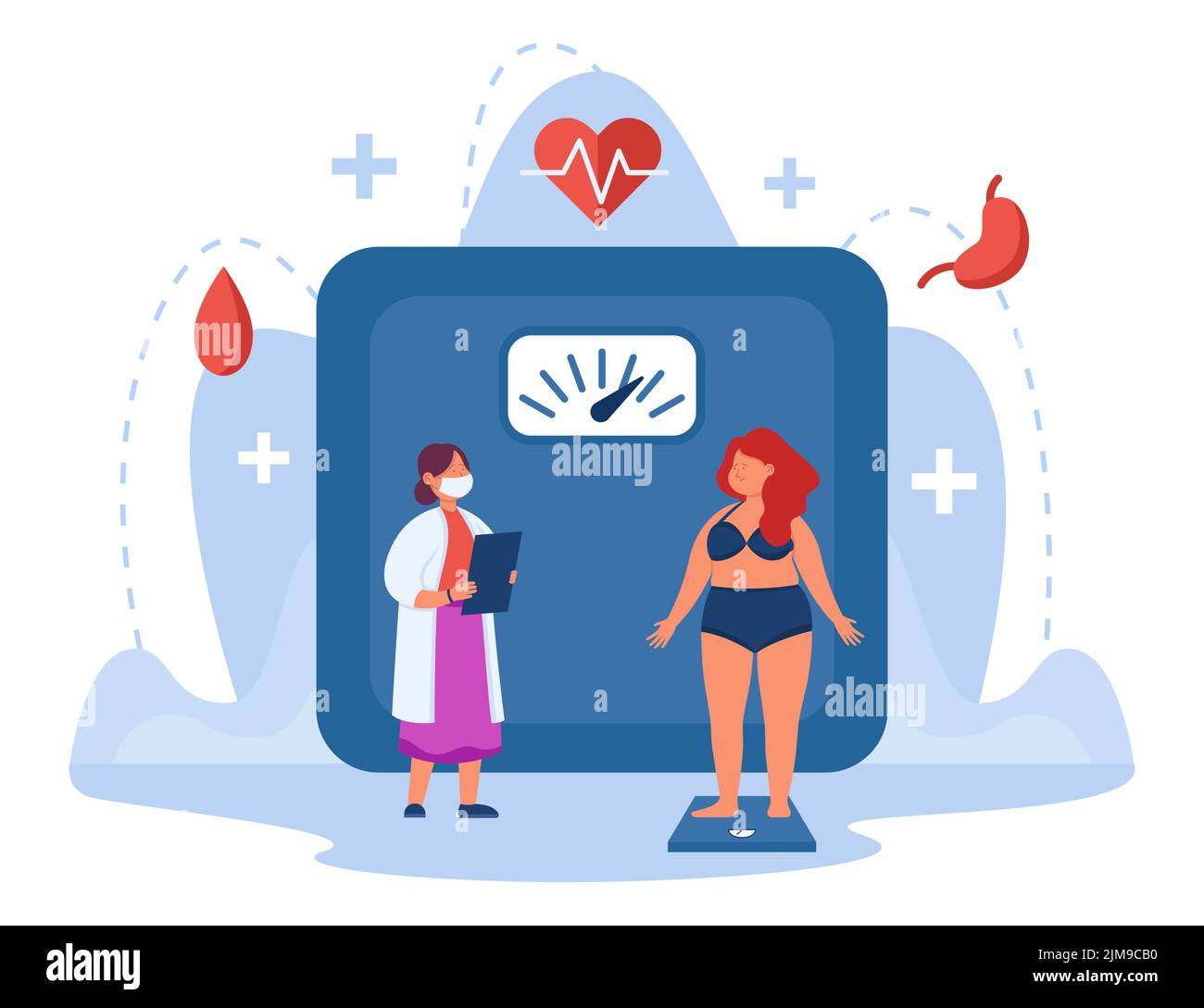 Obesity woman weighing on scale at hospital. Tiny sad girl having ...