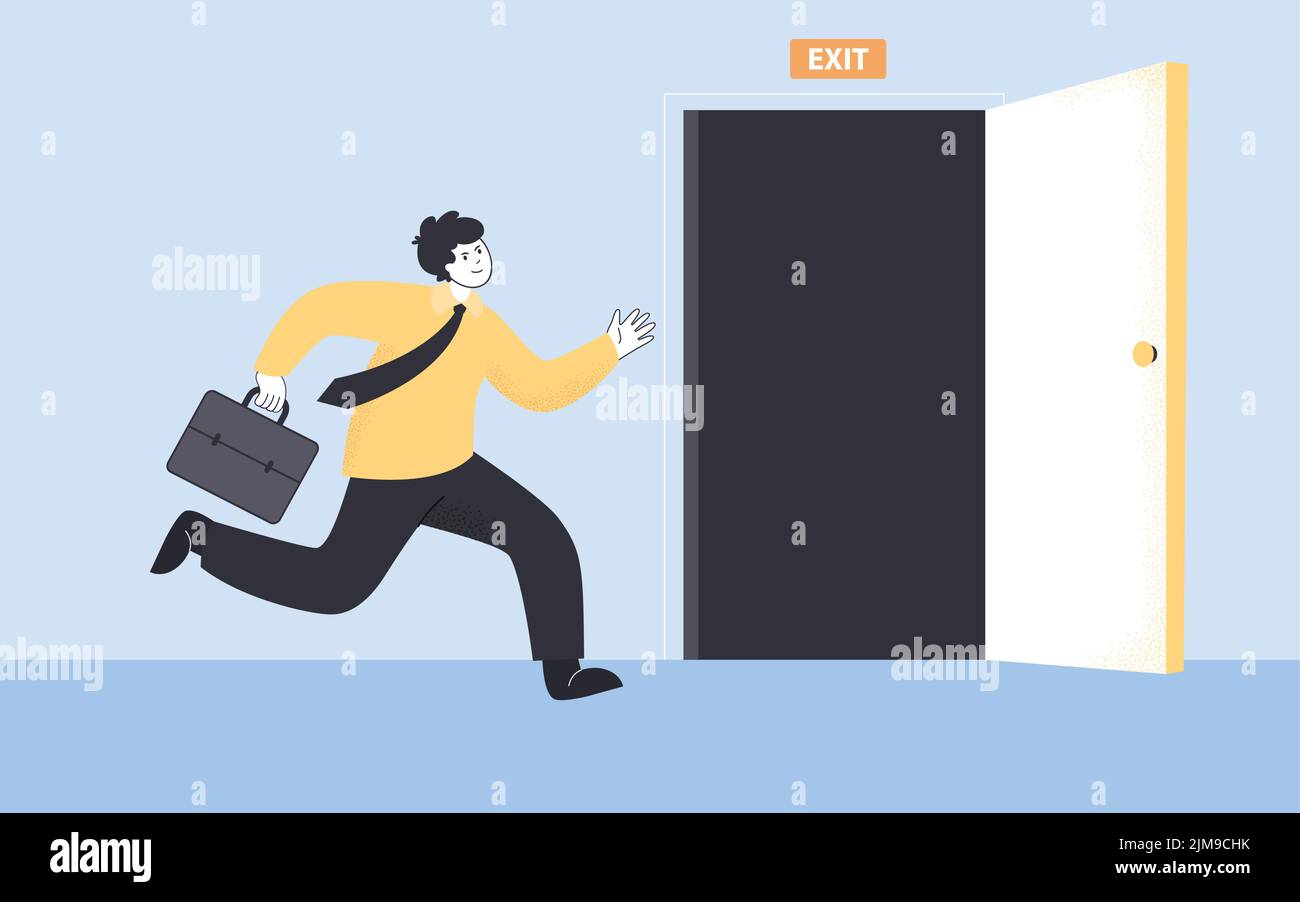 Cartoon office worker escaping through open door. Businessman running ...