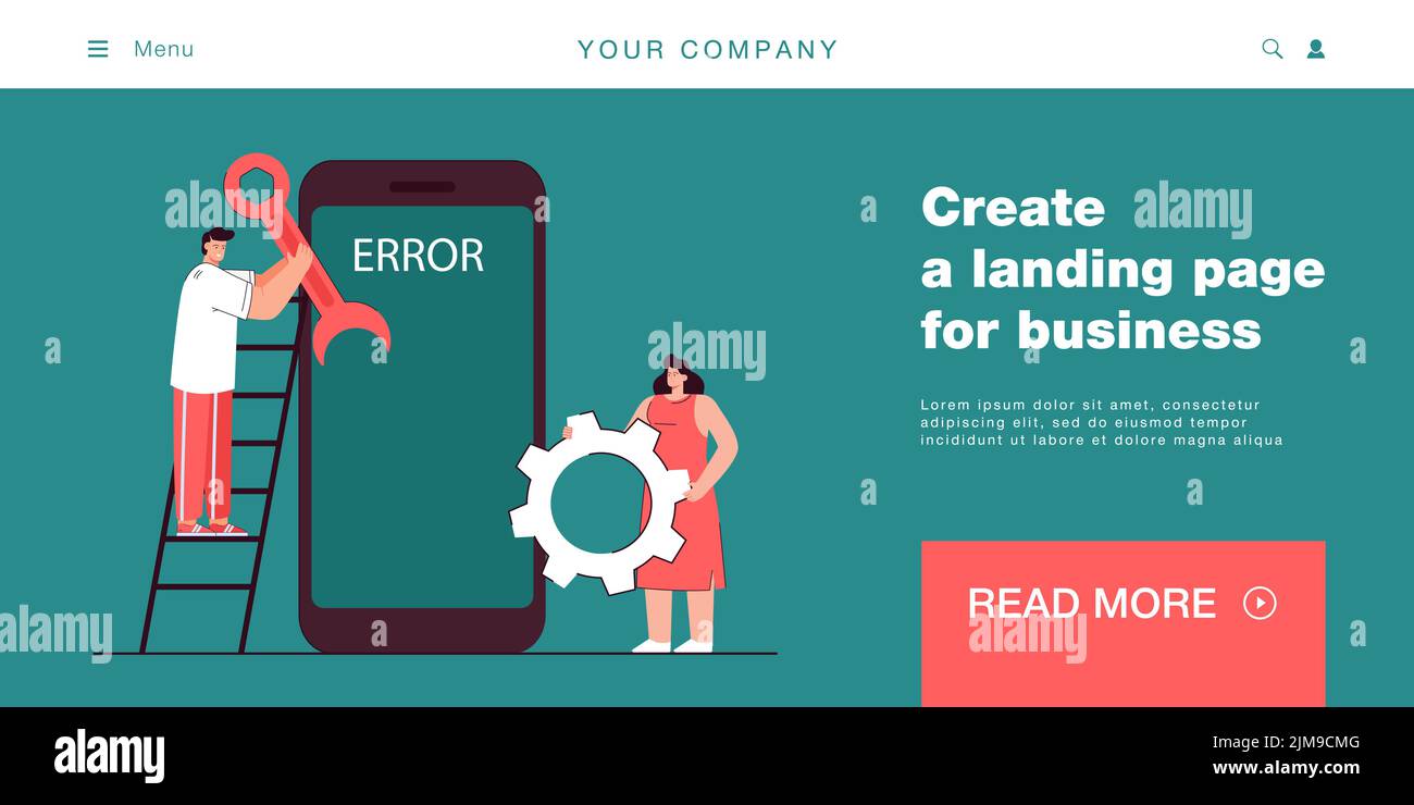 People trying repairing smartphone showing error notice. Flat vector ...