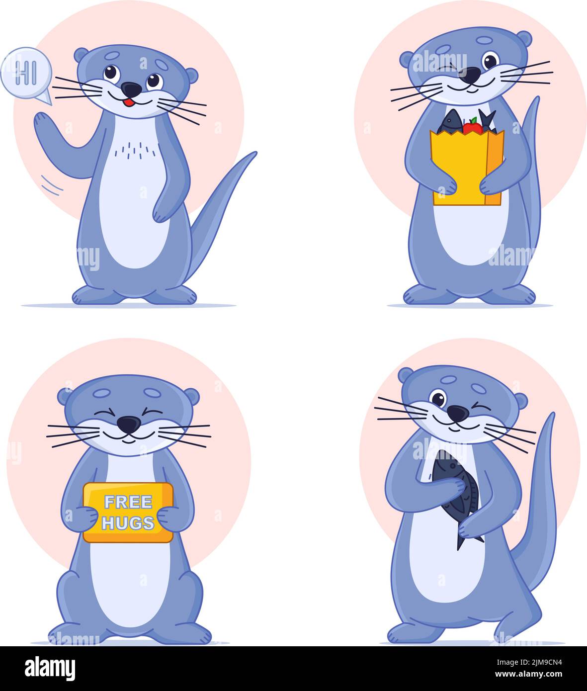 Cartoon otter saying hi, holding sign with free hugs phrase, fish and ...