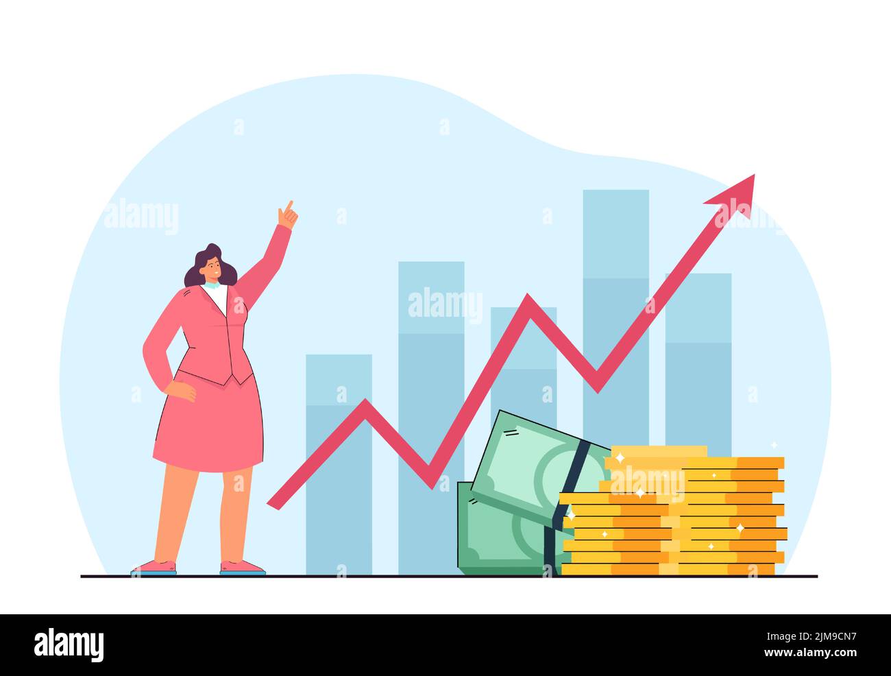 Cheerful businesswoman next to graph with up arrow. Stack of huge gold ...
