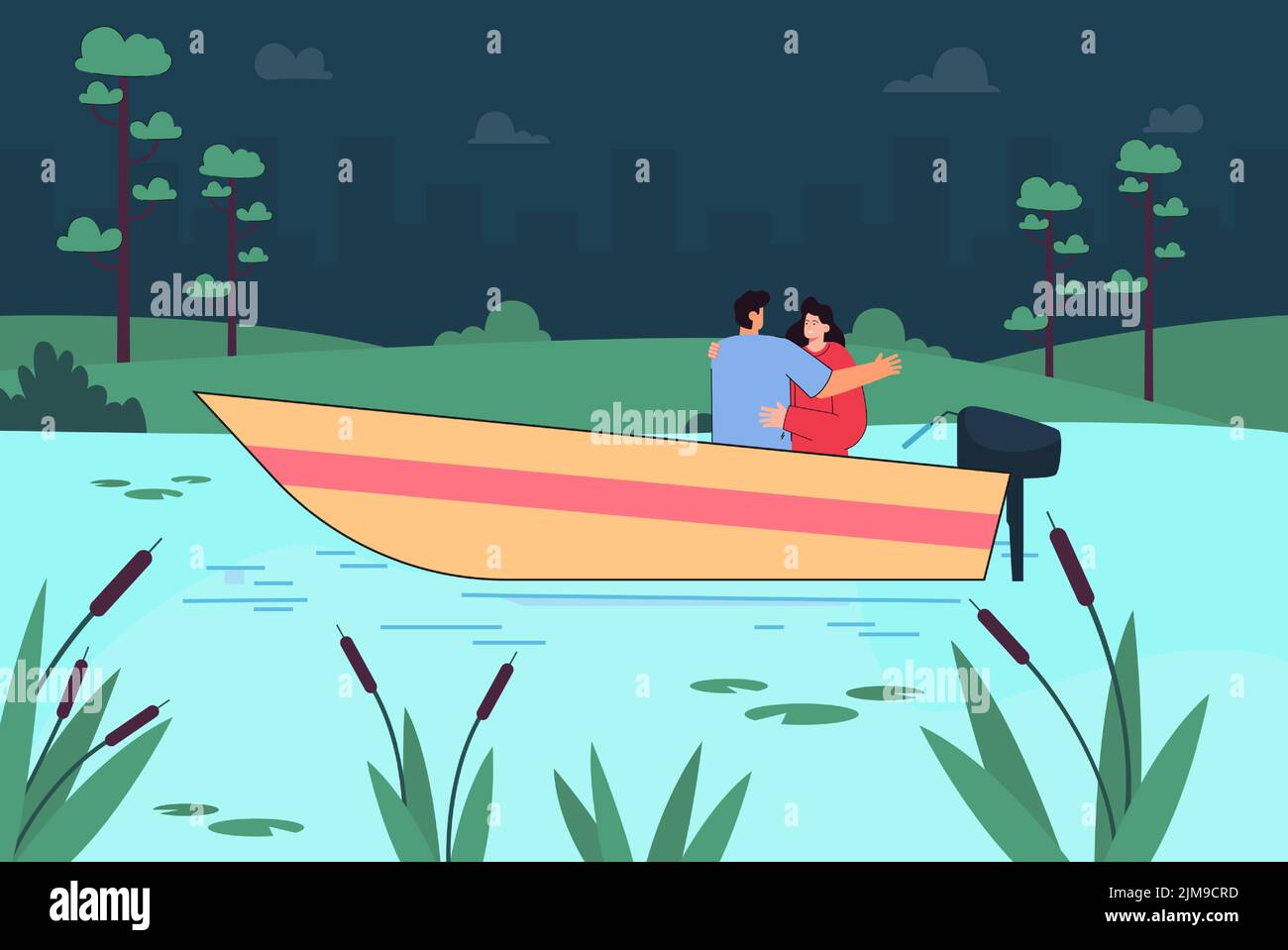 Couple hugging in motor boat on lake. Boyfriend and girlfriend on ...