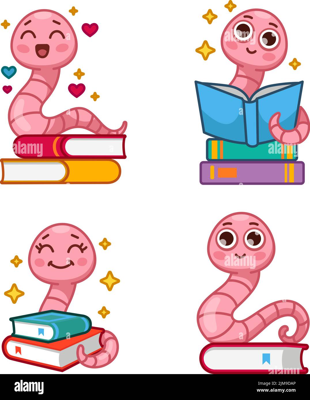 Collection of funny cartoon bookworm character reading books and ...