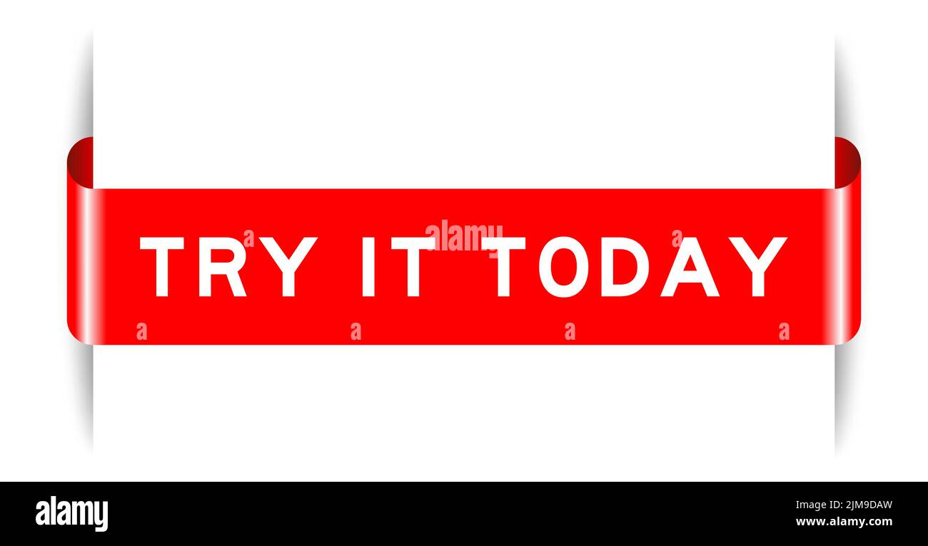 Red color inserted label banner with word try it today on white ...