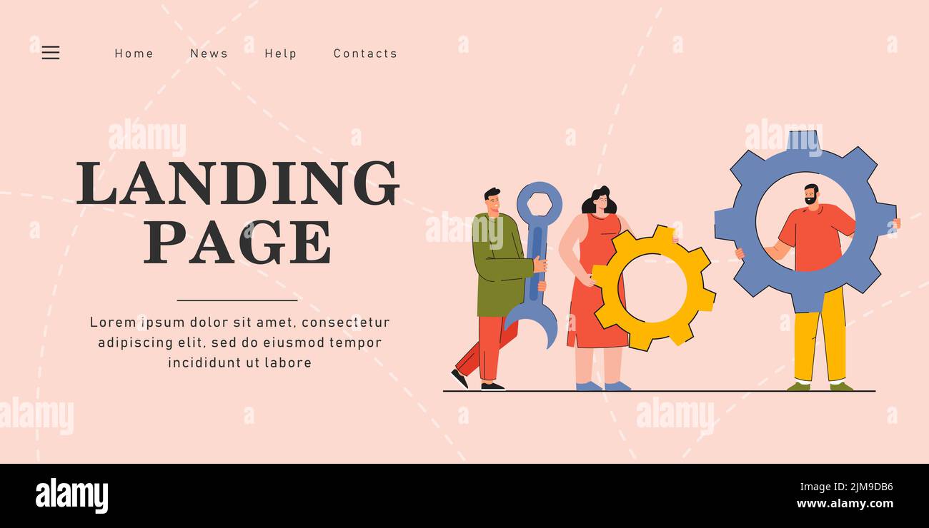 Colleagues holding gear-wheels and wrench. Tiny cartoon woman and men ...