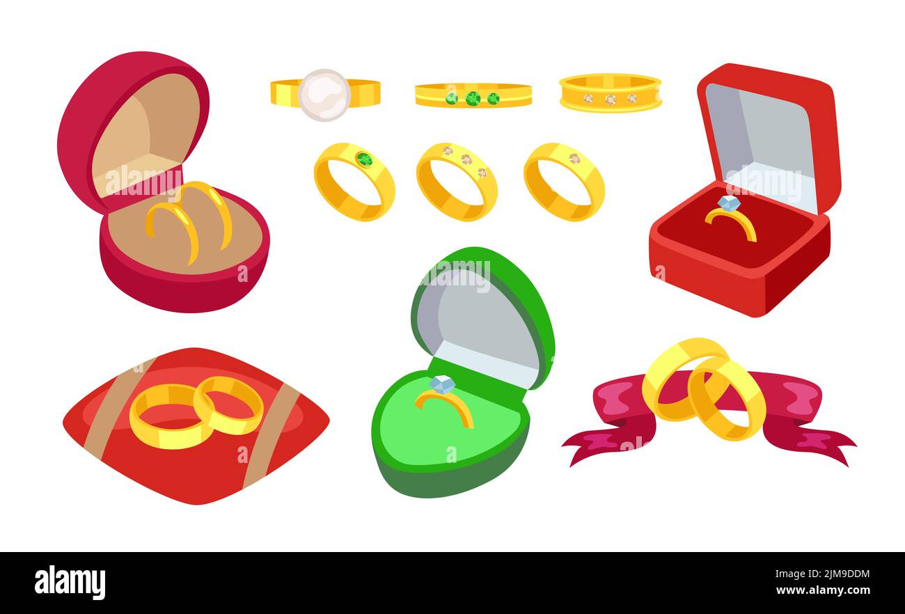 Different golden engagement rings vector illustrations set. Accessory ...