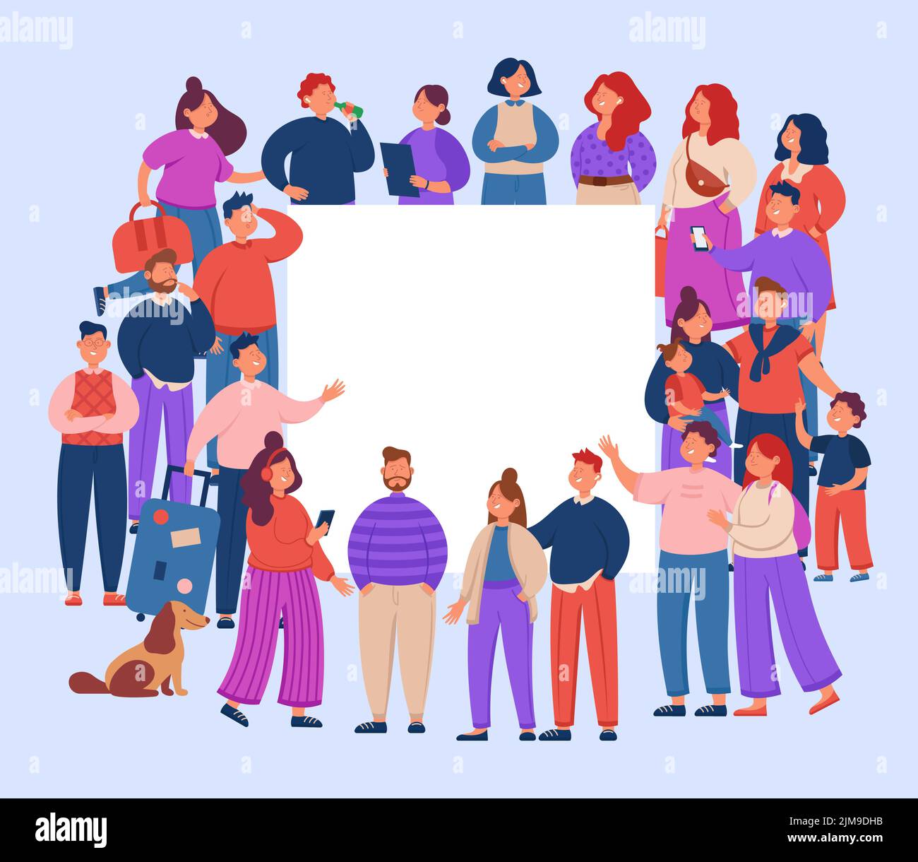 Crowd of different people around blank poster or placard. Multicultural ...