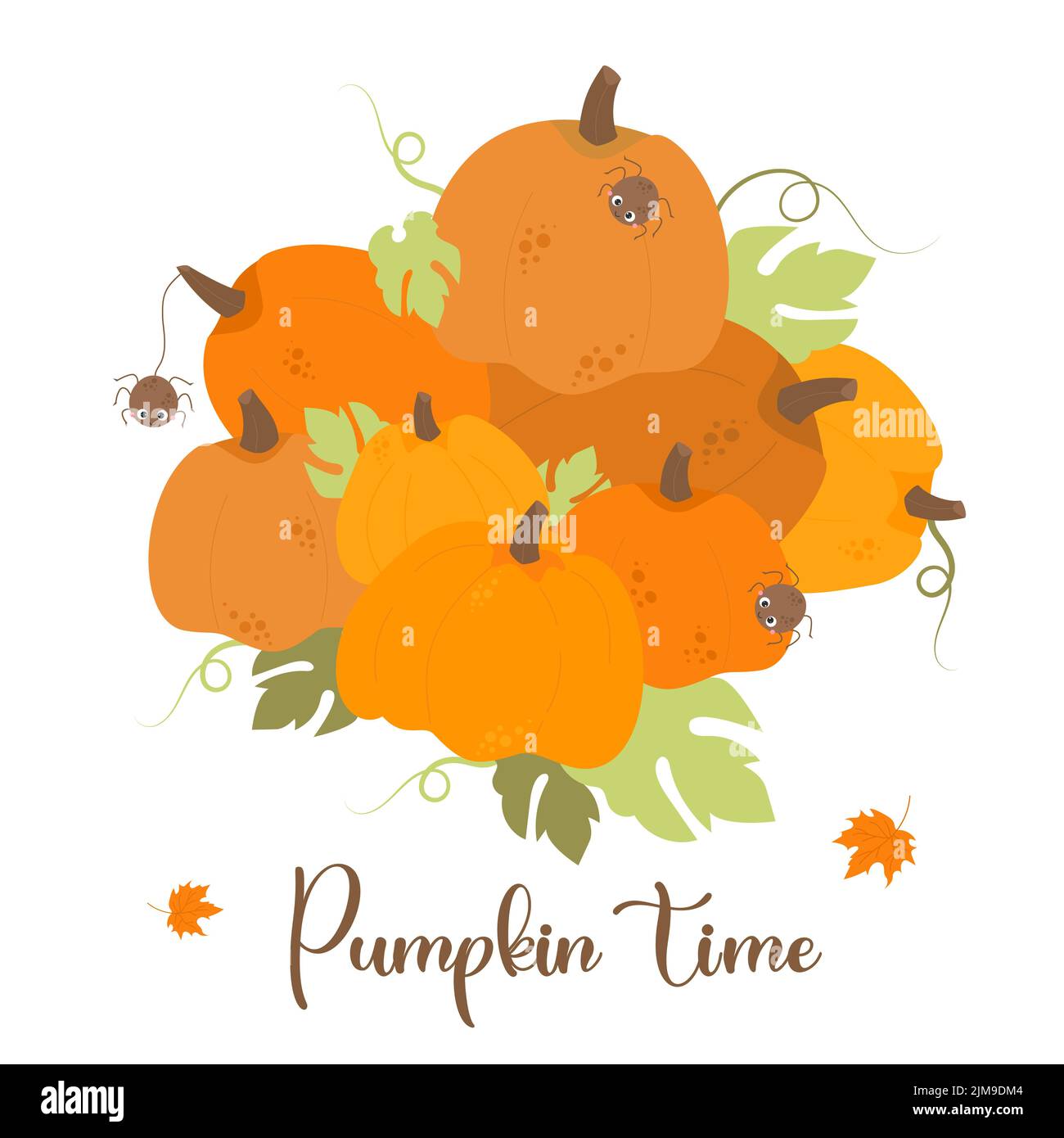 Autumn poster with big harvest orange pumpkins and cute spiders. Vector ...