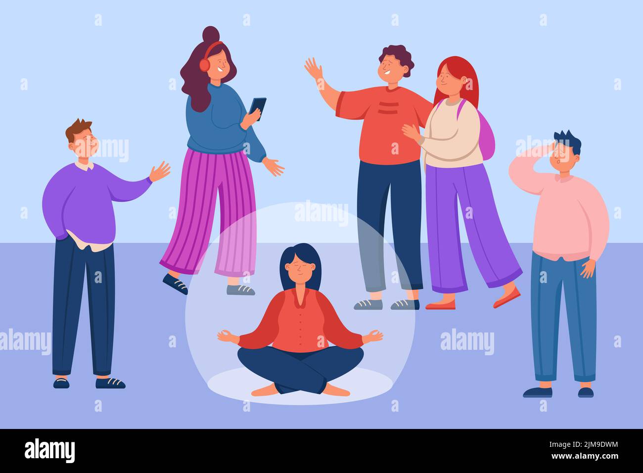 Girl in bubble rejecting social contact or interaction. Crowd of people ...