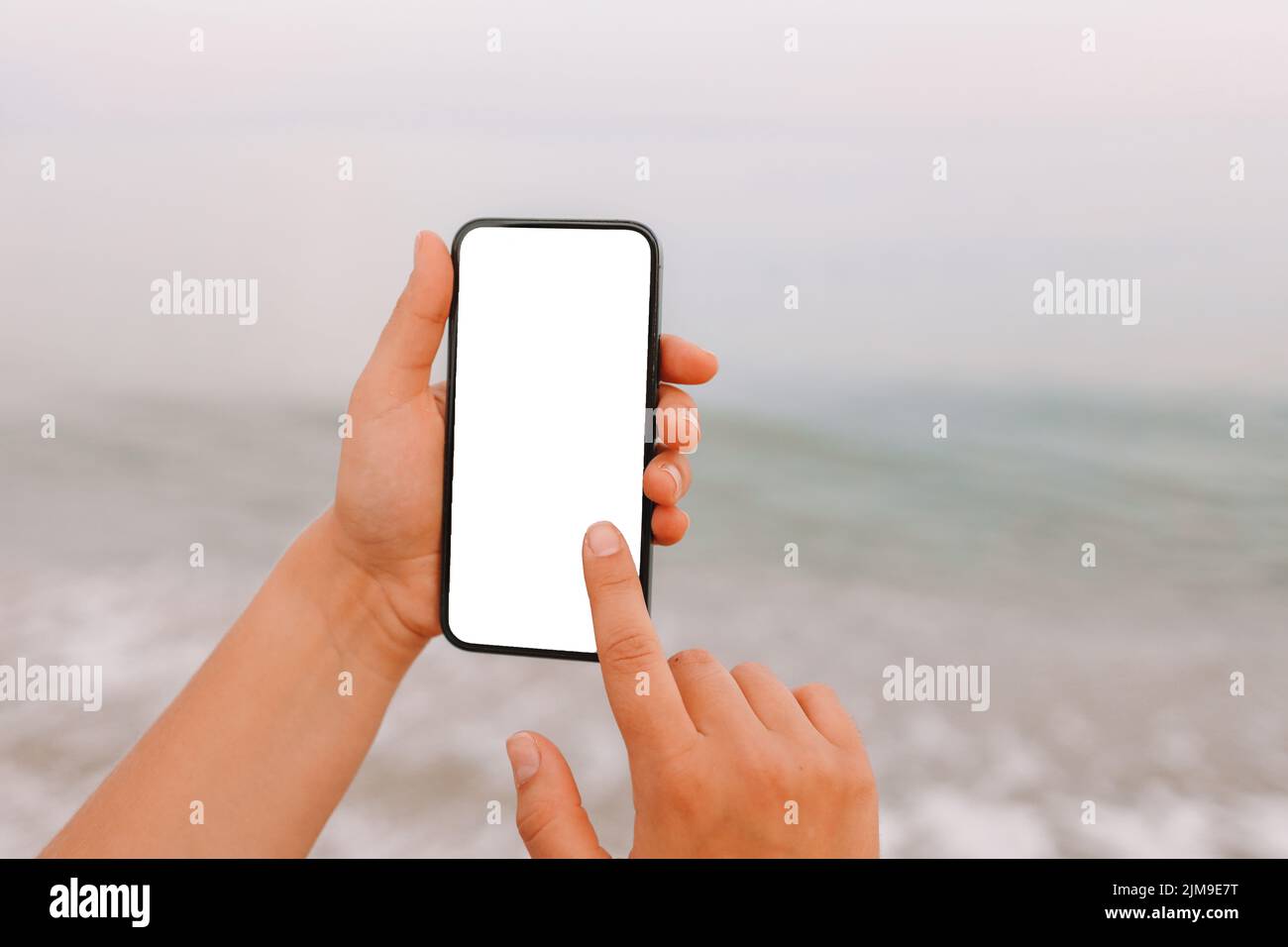 Hand showing a blank smart phone on the beach with the sea in the ...