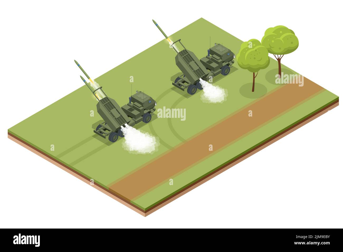 Isometric rocket salvo fire system on a wheeled landing gear. Rocket ...