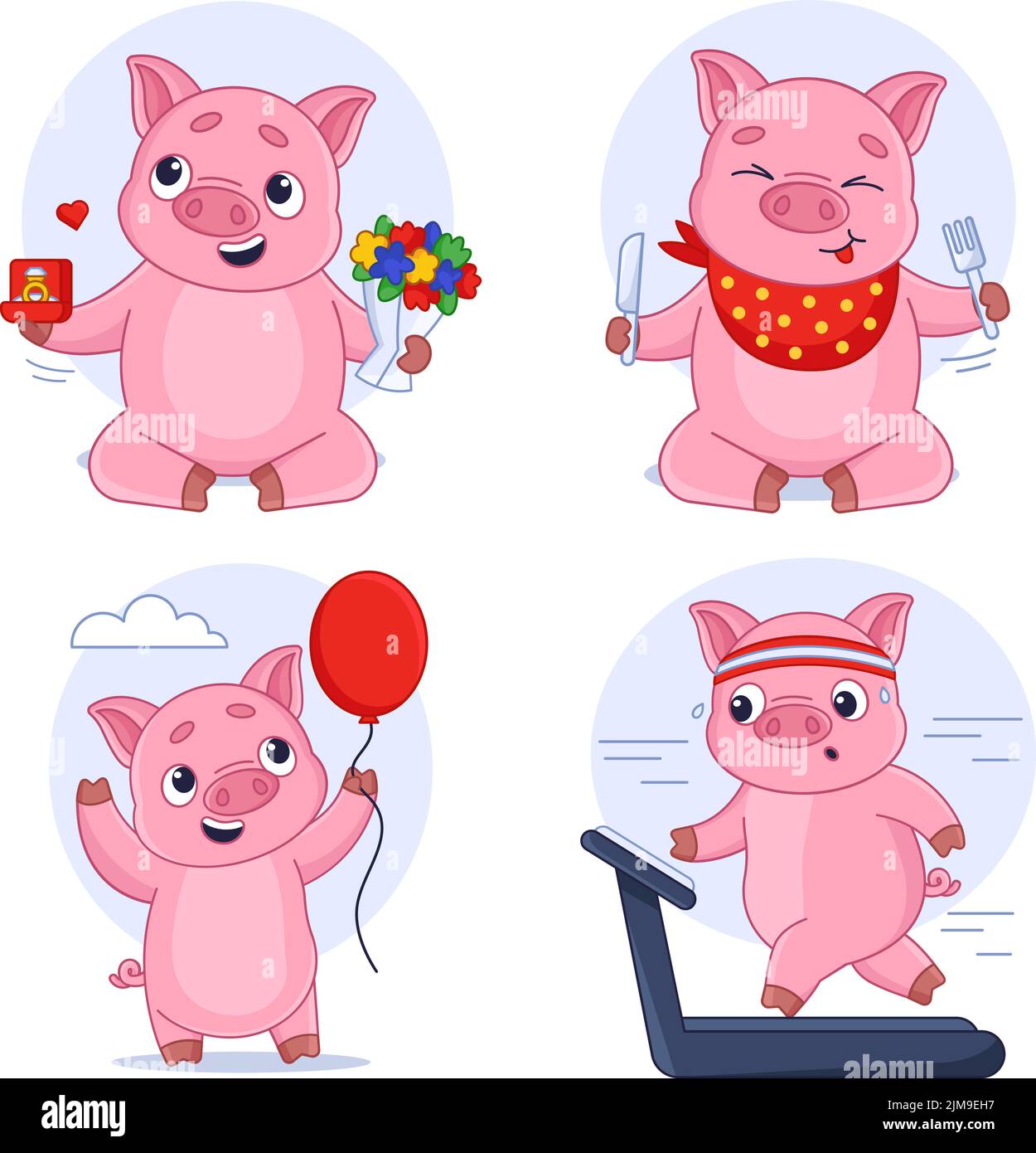 Cute cartoon pig proposing to marriage, running on treadmill, eating ...