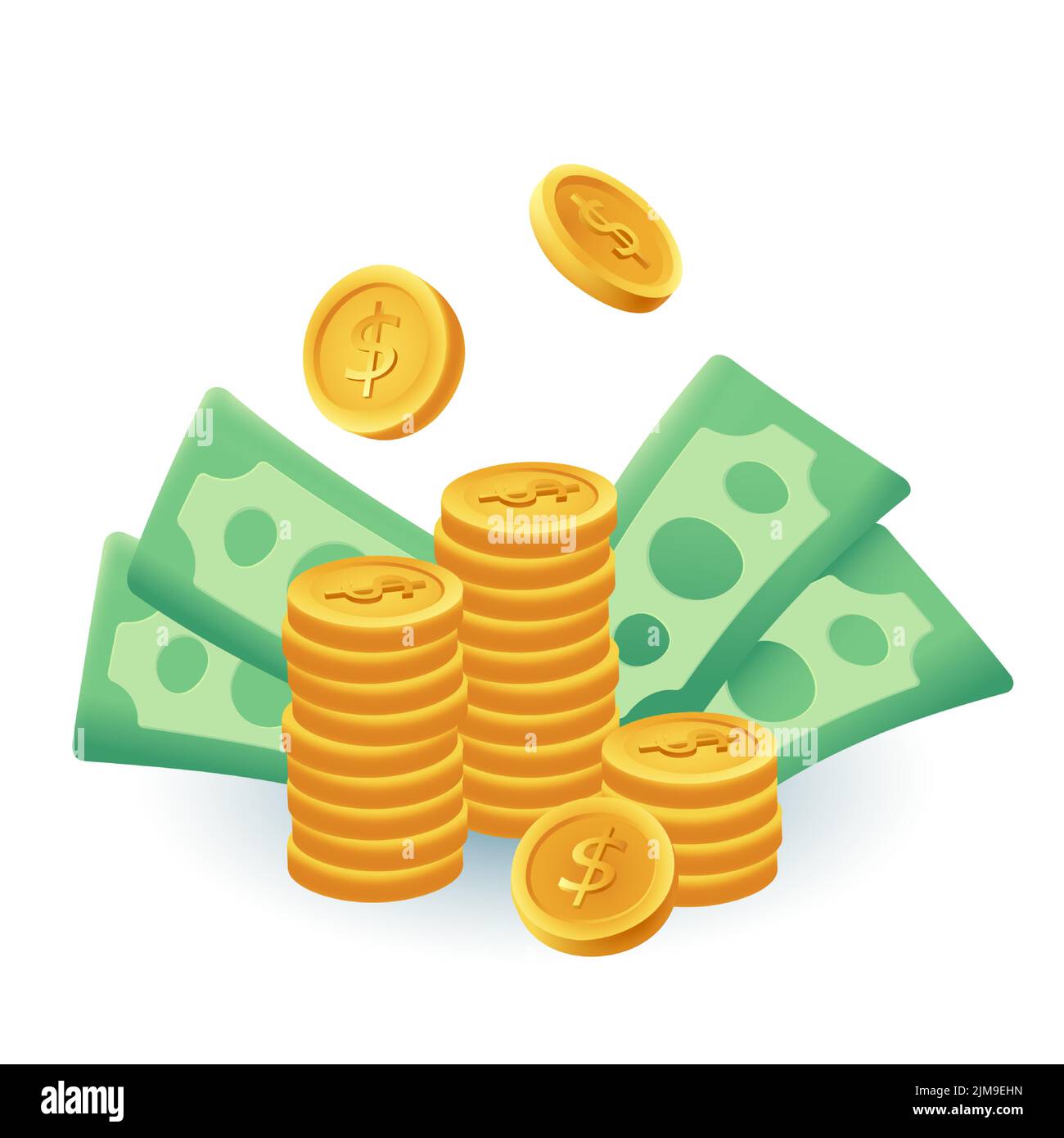 Gold coins and banknotes 3d cartoon style icon. Stack of coins with ...