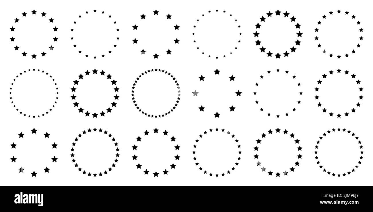 Stars of various sizes arranged in a circle. Round frame, border. Black ...