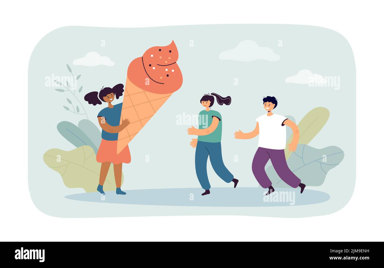 Girl treating friends with ice cream flat vector illustration. Happy ...