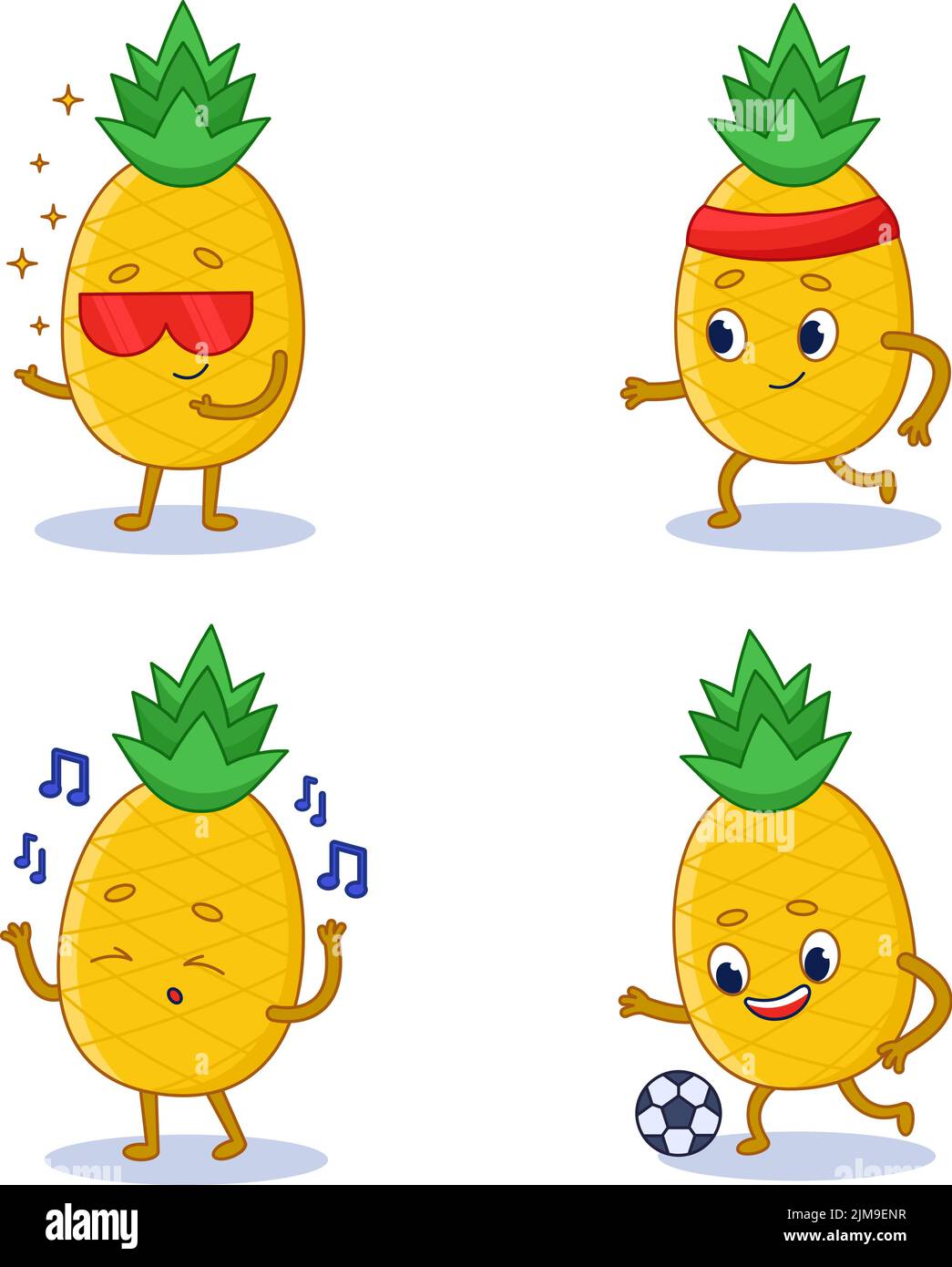 Set of cute hand-drawn pineapple characters wearing sunglasses, running ...