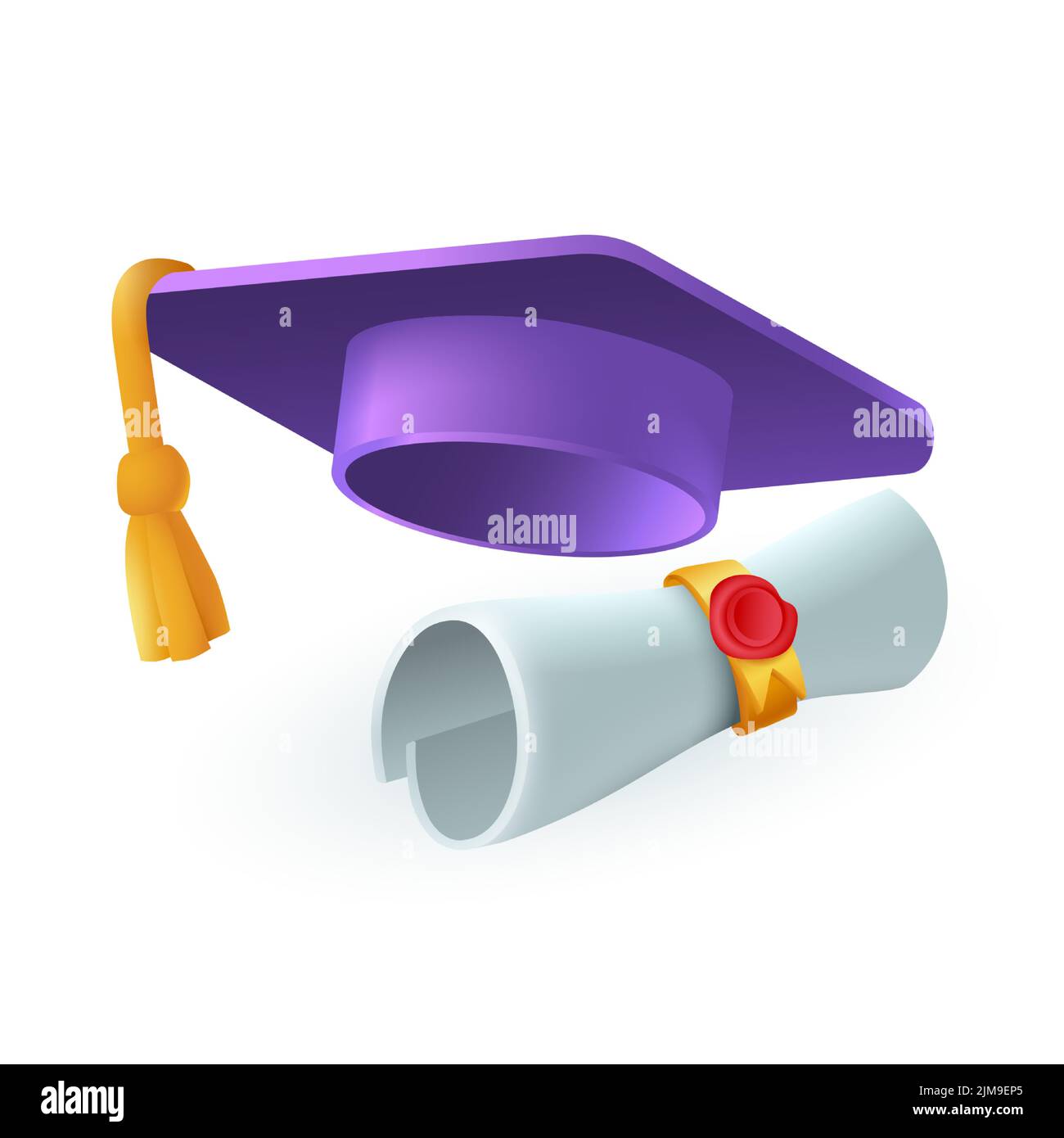 Graduation cap and diploma with seal 3D icon. Hat with tassel, paper ...