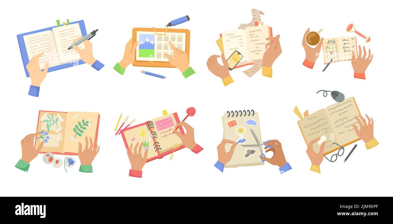 Diaries and hands vector illustrations set. Arms of office or business ...