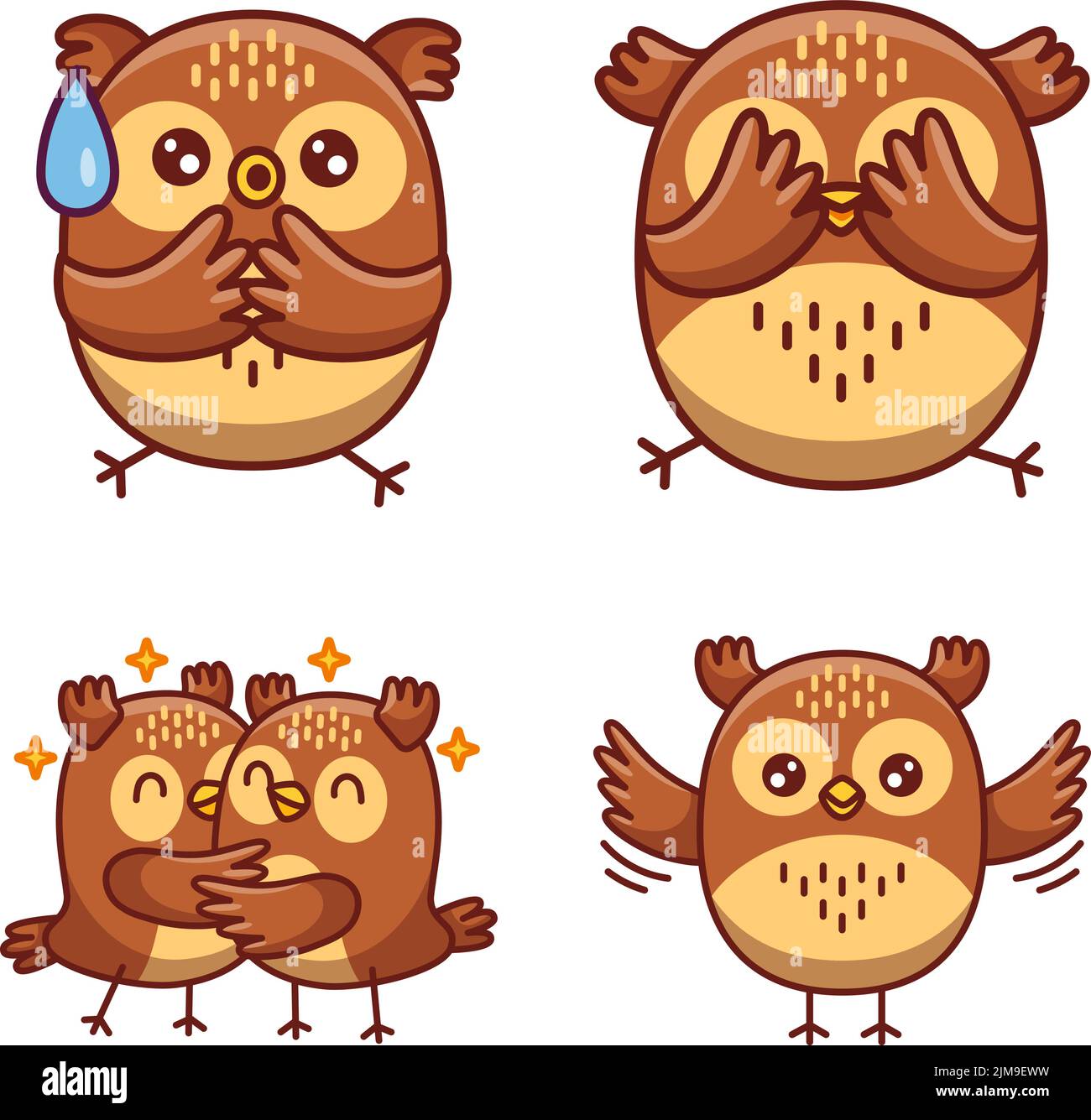 Set of cute hand-drawn little owls with embarrassed expression ...