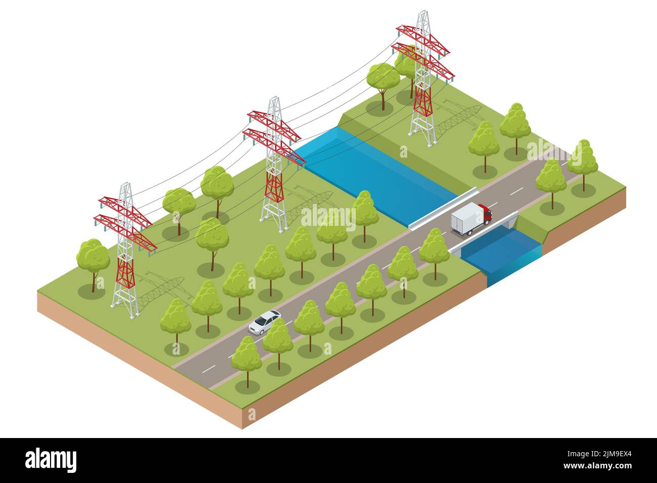 Isometric high voltage transmission lines and power pylons. Electricity ...