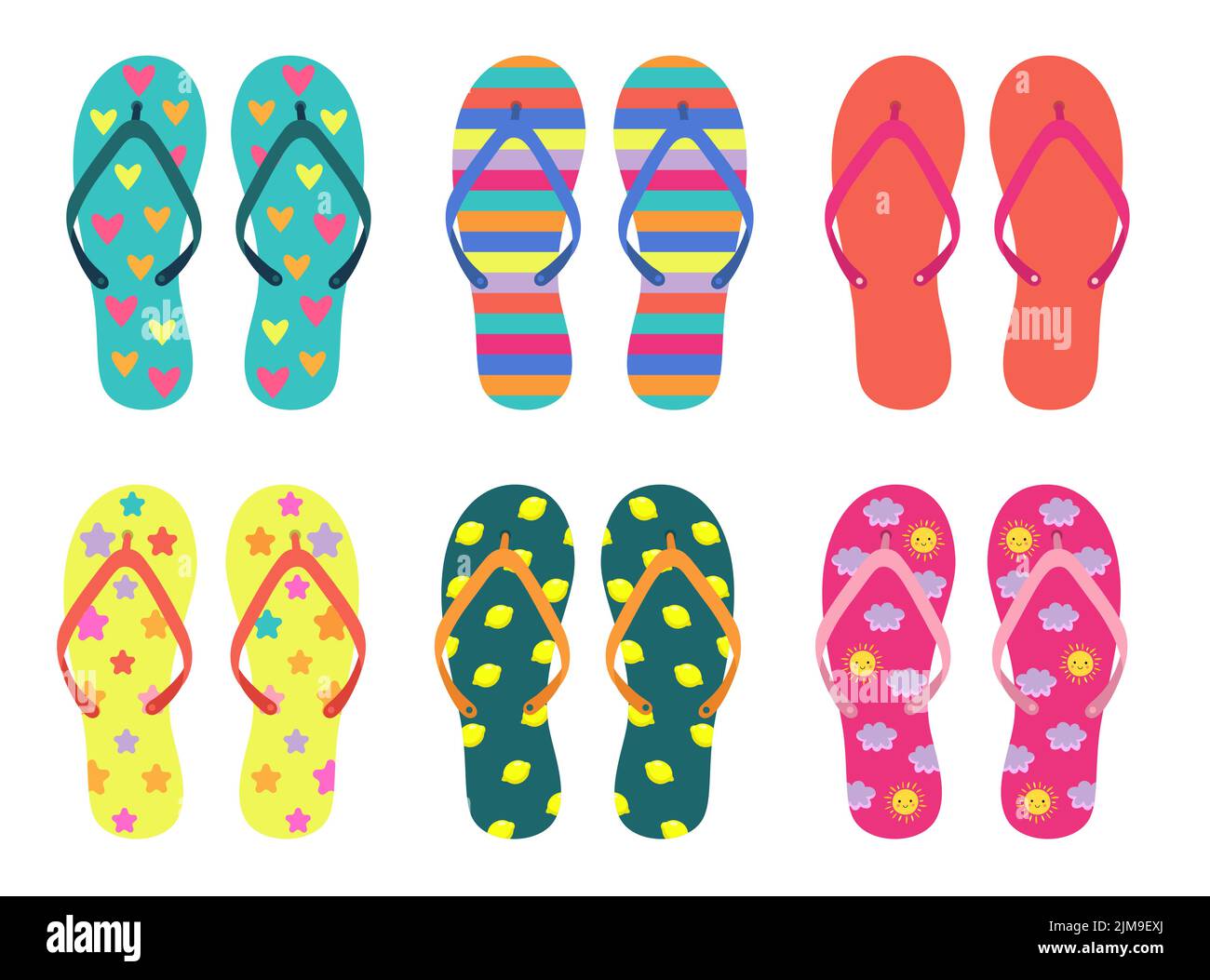 Different colorful flip flops flat vector illustrations set. Rubber ...
