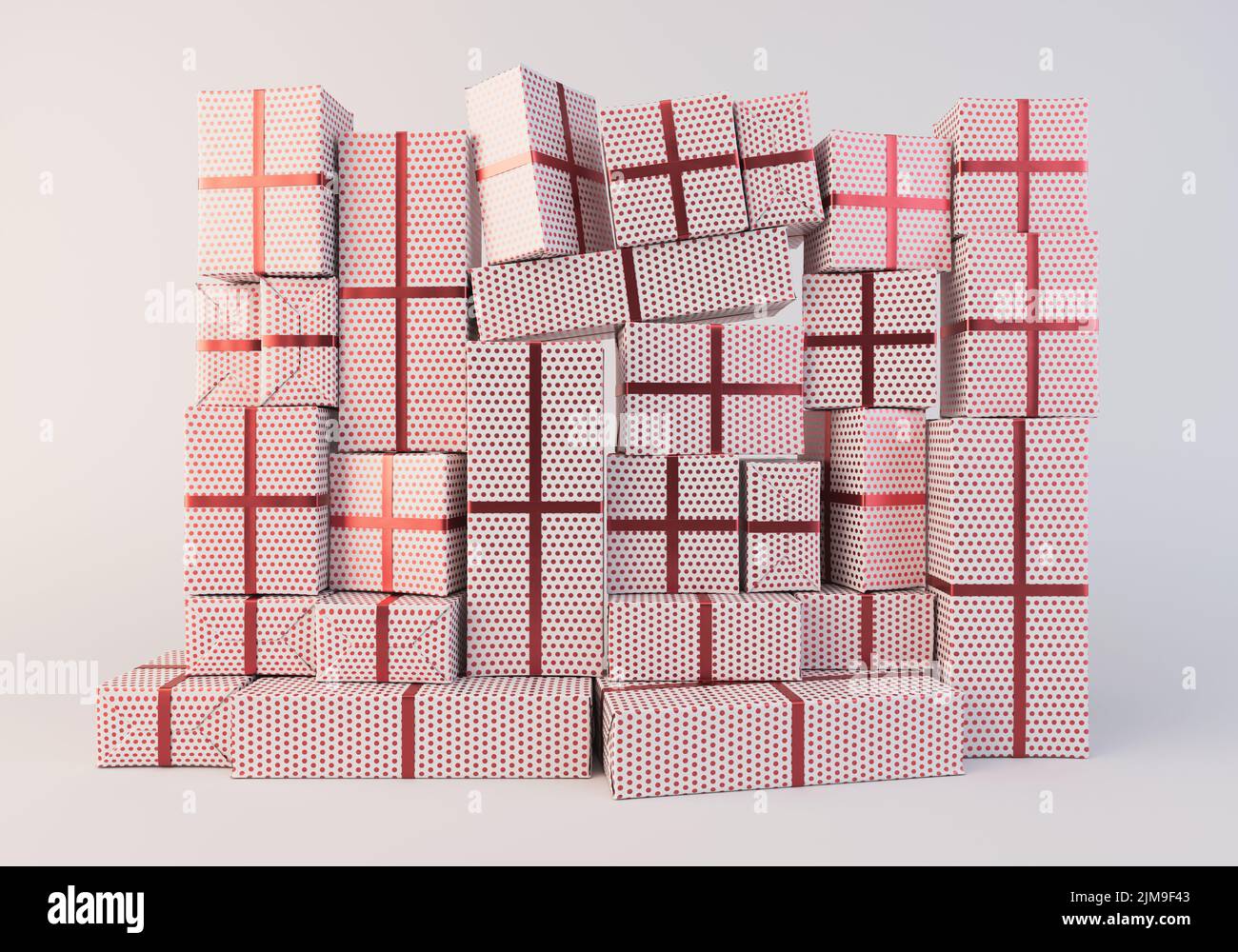 A stacked wall of different sized rectangular gift boxes wrapped in ...