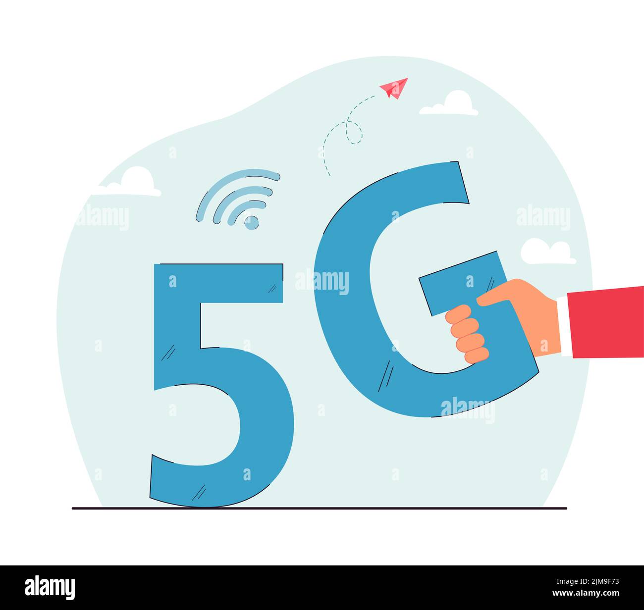 Hand holding 5G telecommunication symbol. Person using speed network ...
