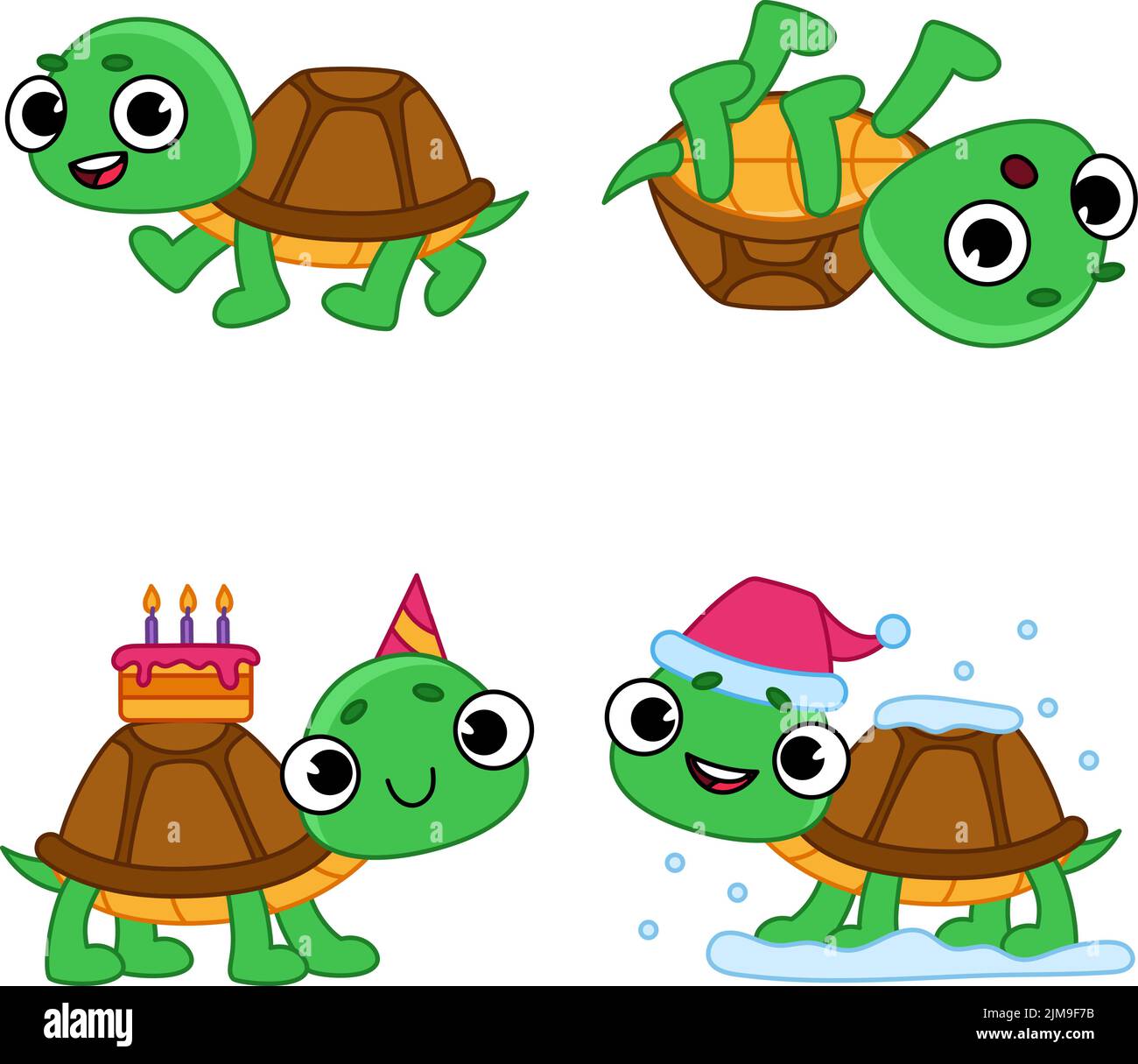 Set of cute hand-drawn turtles walking, lying on shell, carrying ...